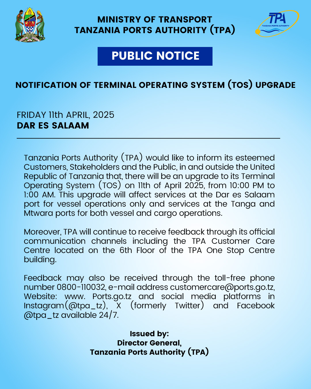 NOTIFICATION OF TERMINAL OPERATING SYSTEM (TOS) UPGRADE)